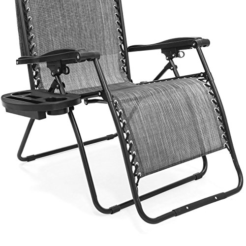 Best Choice Products Oversized Steel Mesh Zero Gravity Reclining Lounge Patio Chair w/ Folding Canopy Shade and Cup Holder, Gray