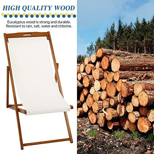 Beach Sling Chair Set Outdoor Lounge Chairs Set of 2 Pack Patio Furniture Portable Folding Reclining Wooden Adjustable Frame Solid Eucalyptus Wood with White Polyester Canvas 3-Position