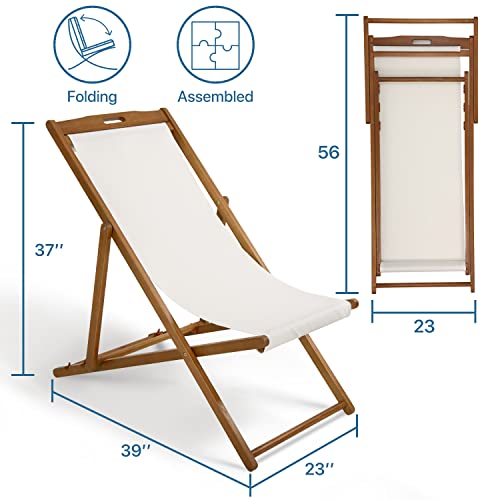 Beach Sling Chair Set Outdoor Lounge Chairs Set of 2 Pack Patio Furniture Portable Folding Reclining Wooden Adjustable Frame Solid Eucalyptus Wood with White Polyester Canvas 3-Position