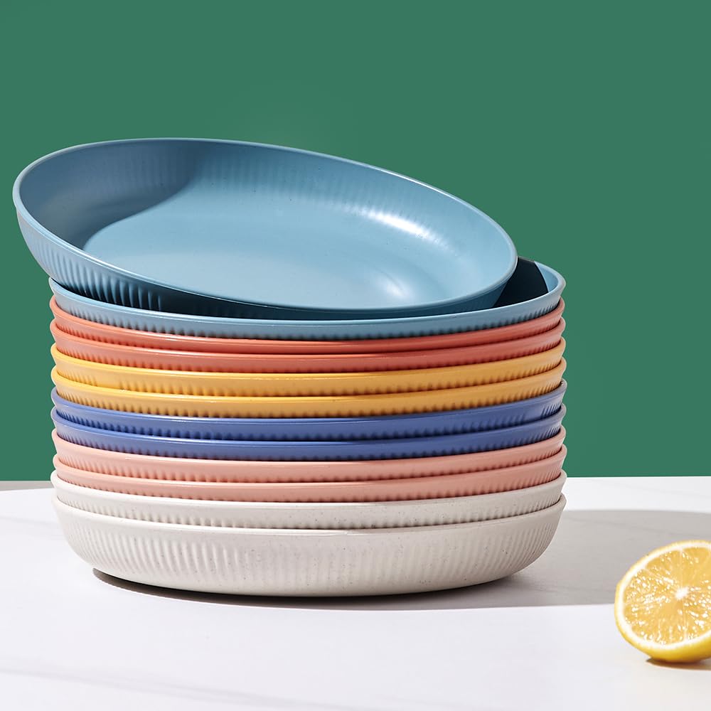 HXYPN 12 PACK 9 Inches Deep Dinner Plates Plastic Plates Reusable Unbreakable Kitchen Plate Sets Dishwasher and Microwave Safe Plates Wheat Straw Plates