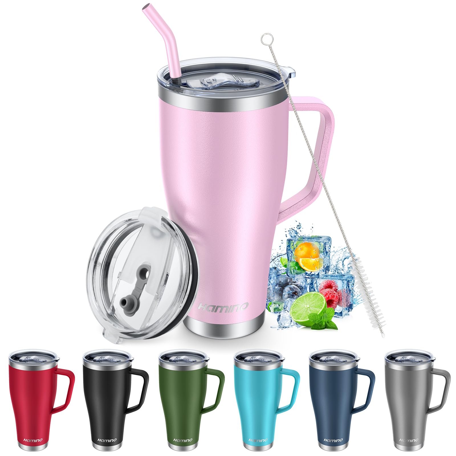 Hamino 30 oz Tumbler with Lid and Straw Handle, Double-Wall Vacuum Travel Coffee Mug with Handle, Stainless Steel Insulated Coffee Tumbler Mug Cup for Home Office Travel HOT COLD Drinks (Dream Pink)