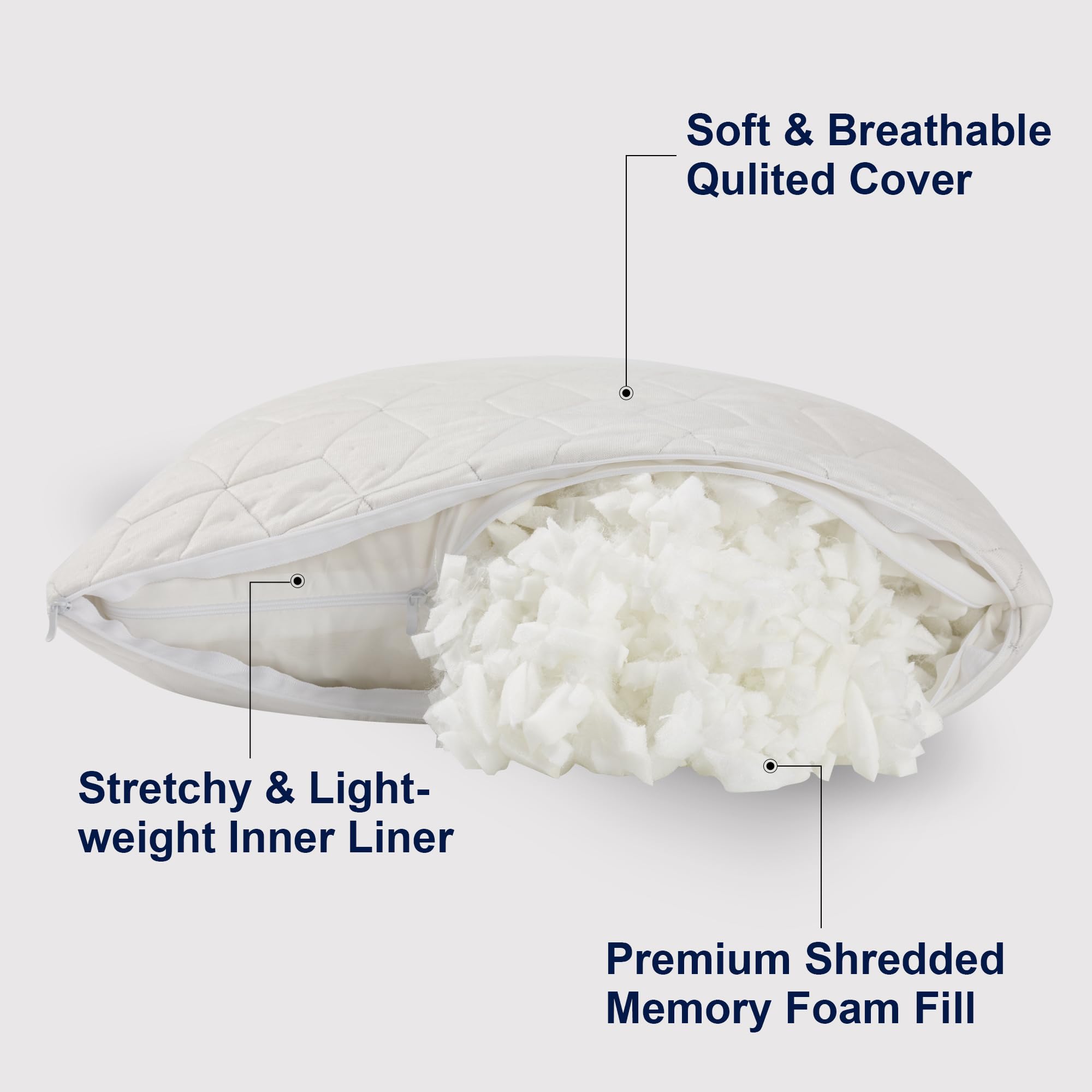 Rotroyce Shredded Memory Foam Pillow Queen Size, Adjustable for Side Back and Stomach Sleepers, Single Pack, Luxury Extra Comfy Bed Neck Pillows with Washable Cover