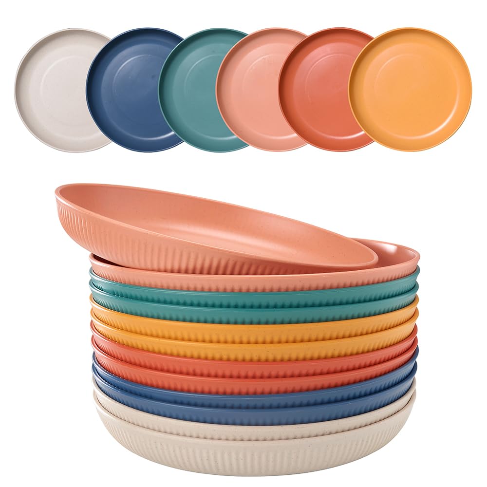 HXYPN 12 PACK 9 Inches Deep Dinner Plates Plastic Plates Reusable Unbreakable Kitchen Plate Sets Dishwasher and Microwave Safe Plates Wheat Straw Plates