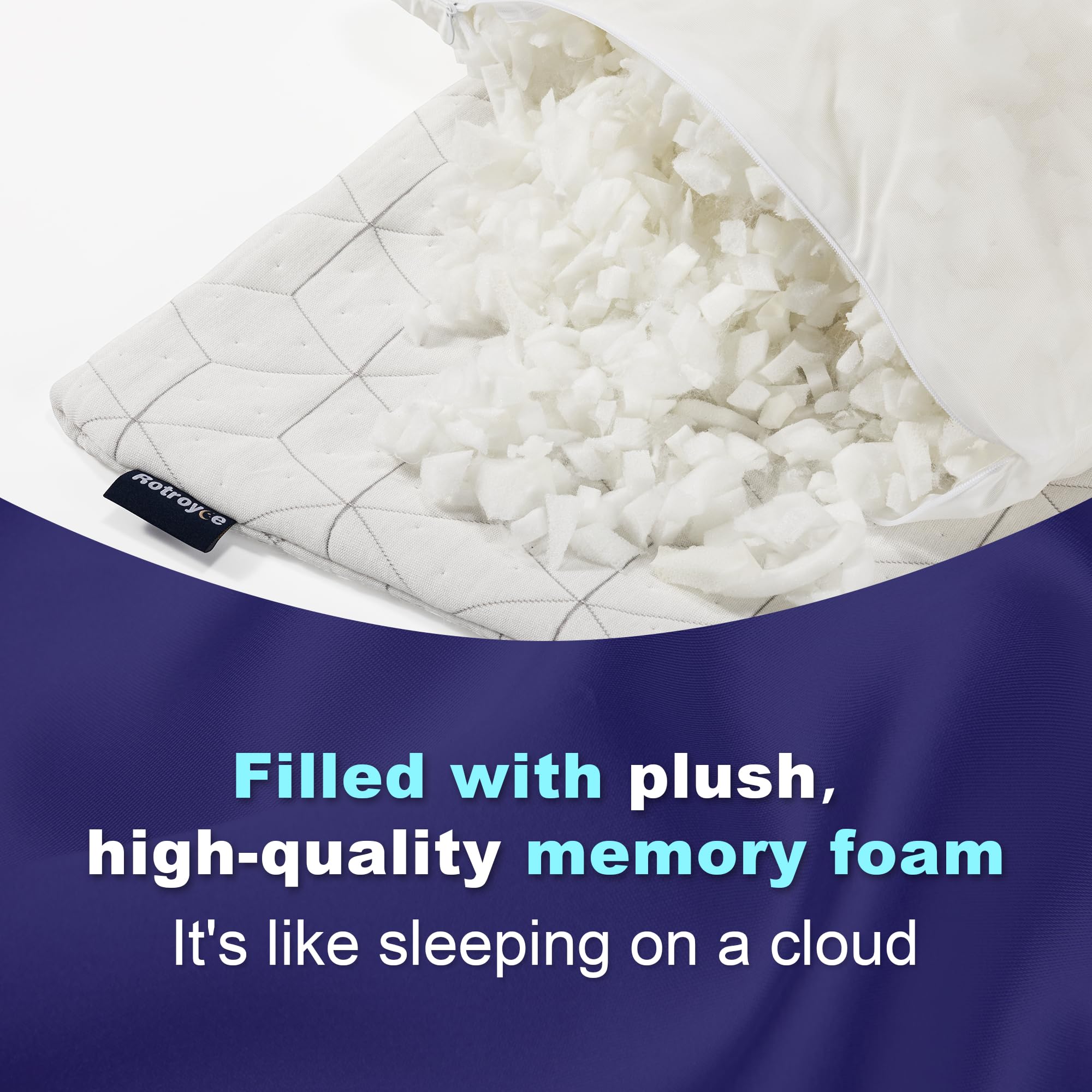Rotroyce Shredded Memory Foam Pillow Queen Size, Adjustable for Side Back and Stomach Sleepers, Single Pack, Luxury Extra Comfy Bed Neck Pillows with Washable Cover