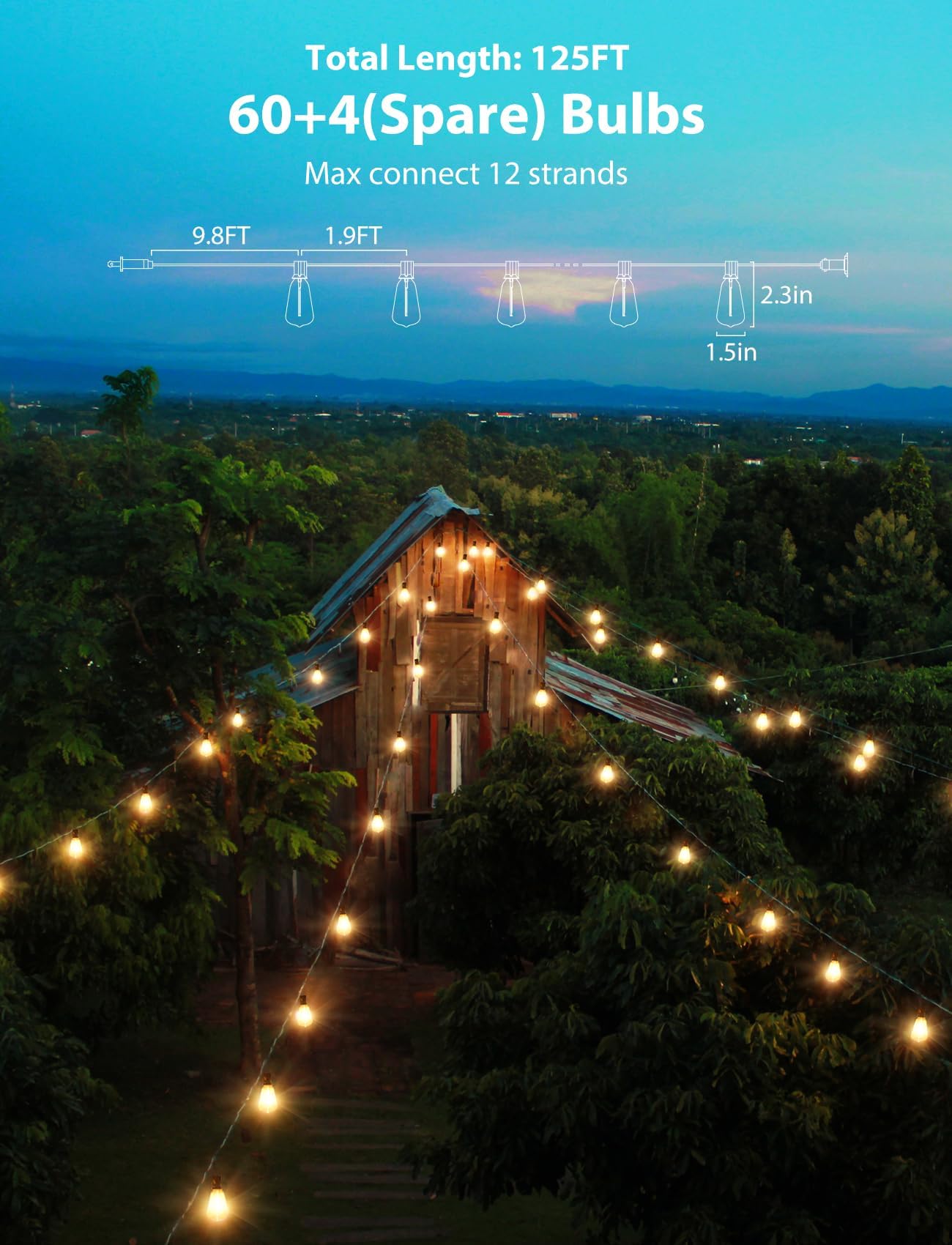 Sweepulire LED Outdoor String Lights, 125FT Patio Lights with 60+4 Shatterproof Bulbs, 2200K Warm White LED Lights Waterproof, Decorative Outdoor Lights for Porch, Deck, Garden, Backyard, Balcony