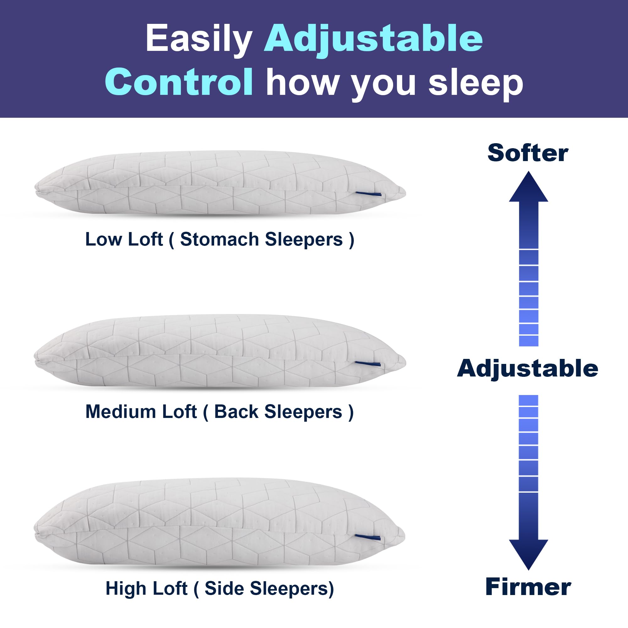 Rotroyce Shredded Memory Foam Pillow Queen Size, Adjustable for Side Back and Stomach Sleepers, Single Pack, Luxury Extra Comfy Bed Neck Pillows with Washable Cover