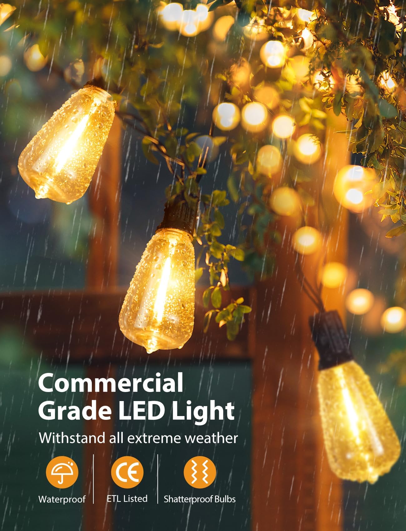 Sweepulire LED Outdoor String Lights, 125FT Patio Lights with 60+4 Shatterproof Bulbs, 2200K Warm White LED Lights Waterproof, Decorative Outdoor Lights for Porch, Deck, Garden, Backyard, Balcony