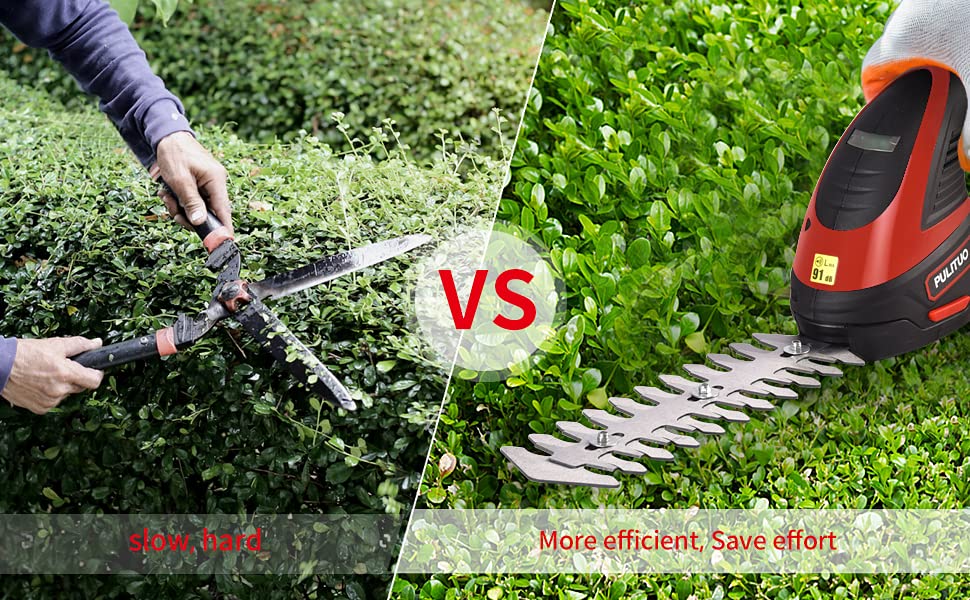 PULITUO Cordless Hedge + Grass Trimmer 2-in-1, Electric Power Bush Shrub Trimmer with 2 Pcs 2000mAh/12V Battery, 1-Hour Fast Charger