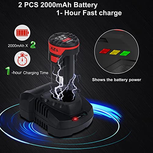 PULITUO Cordless Hedge + Grass Trimmer 2-in-1, Electric Power Bush Shrub Trimmer with 2 Pcs 2000mAh/12V Battery, 1-Hour Fast Charger