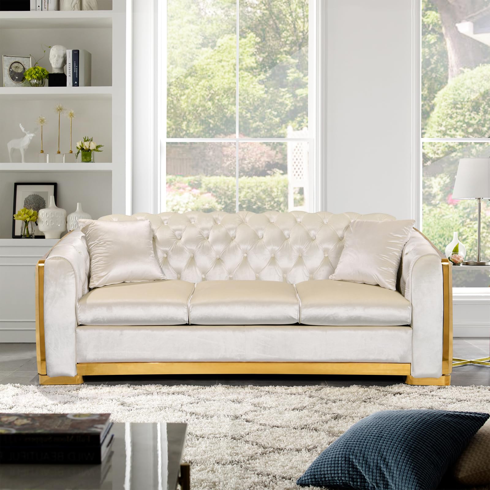 RUNOLIG Chesterfield Sofa, Velvet Sofas and Couches with Button Tufted Design and Gold Legs, Upholstered Sofa with 2 Pillows and Wood Frame, Modern 3 Seat Couch for Living Room, Apartment (Beige)