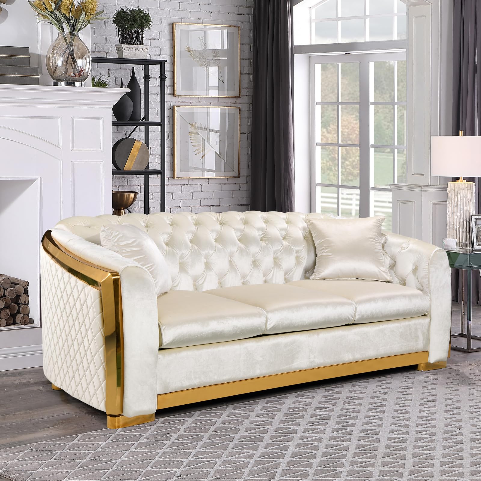 RUNOLIG Chesterfield Sofa, Velvet Sofas and Couches with Button Tufted Design and Gold Legs, Upholstered Sofa with 2 Pillows and Wood Frame, Modern 3 Seat Couch for Living Room, Apartment (Beige)