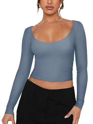 REORIA Womens Sexy Casual Scoop Neck Long Sleeve Double Lined T Shirts Fall Fashion Basic Cute Y2K Trendy Fitted Shirts Crop Tops Dove Blue Small