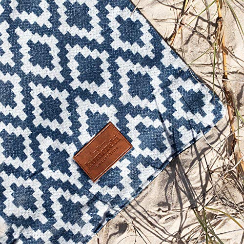 Komorebi Large Outdoor Waterproof Picnic Blanket (78"x59") 100% Cotton | Leather Carrier | Soft Diamond Jacquard Picnic Mat for up to 4 Adults (Blue/White)