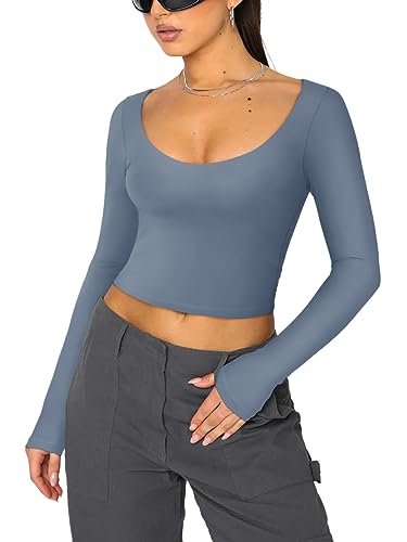 REORIA Womens Sexy Casual Scoop Neck Long Sleeve Double Lined T Shirts Fall Fashion Basic Cute Y2K Trendy Fitted Shirts Crop Tops Dove Blue Small
