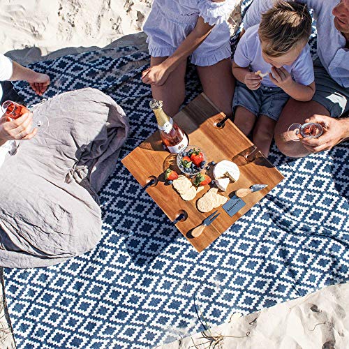 Komorebi Large Outdoor Waterproof Picnic Blanket (78"x59") 100% Cotton | Leather Carrier | Soft Diamond Jacquard Picnic Mat for up to 4 Adults (Blue/White)