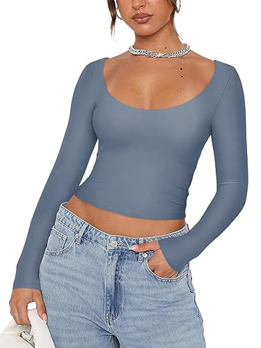 REORIA Womens Sexy Casual Scoop Neck Long Sleeve Double Lined T Shirts Fall Fashion Basic Cute Y2K Trendy Fitted Shirts Crop Tops Dove Blue Small