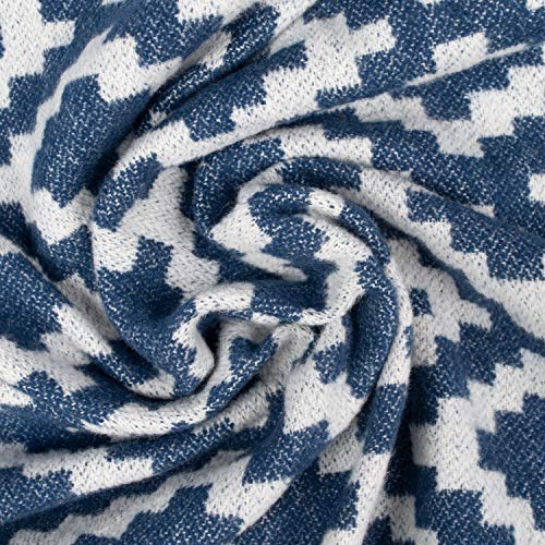 Komorebi Large Outdoor Waterproof Picnic Blanket (78"x59") 100% Cotton | Leather Carrier | Soft Diamond Jacquard Picnic Mat for up to 4 Adults (Blue/White)