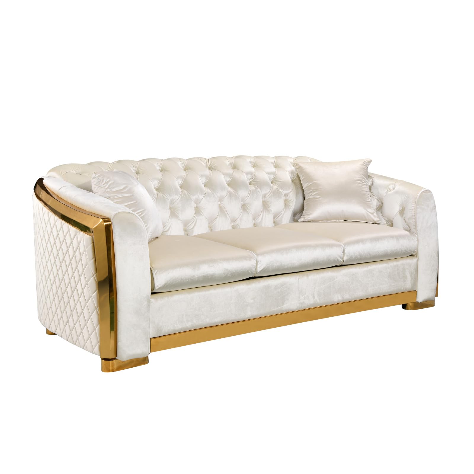 RUNOLIG Chesterfield Sofa, Velvet Sofas and Couches with Button Tufted Design and Gold Legs, Upholstered Sofa with 2 Pillows and Wood Frame, Modern 3 Seat Couch for Living Room, Apartment (Beige)