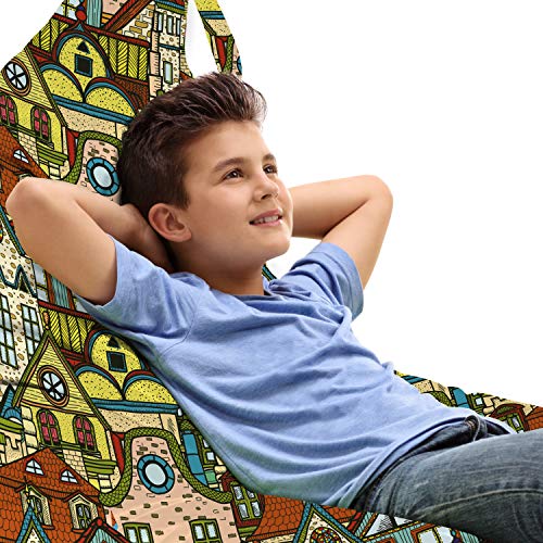 Ambesonne Retro Lounger Chair Bag, Hand Drawn Old City in Colorful Tones European Buildings Featured Town Place Picture, High Capacity Storage with Handle Container, Lounger Size, Multicolor
