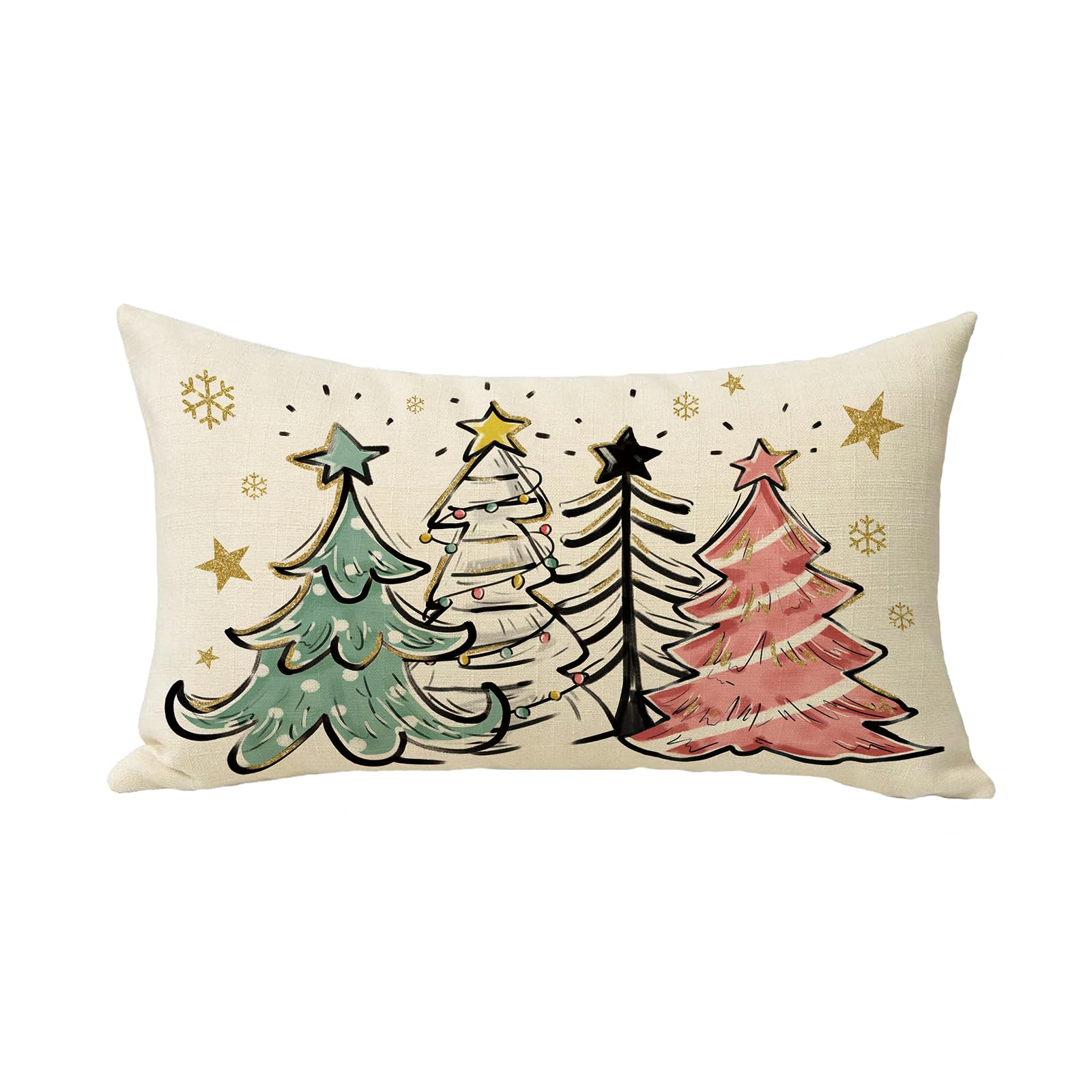 Fjfz Christmas Tree Lumbar Decorative Throw Pillow Cover 12 x 20, Rectangular Pink Green Xmas Polka Dot Stripe Snowflake Outdoor Home Decor, Golden Stars Winter Holiday Seasonal Farmhouse Cushion Case