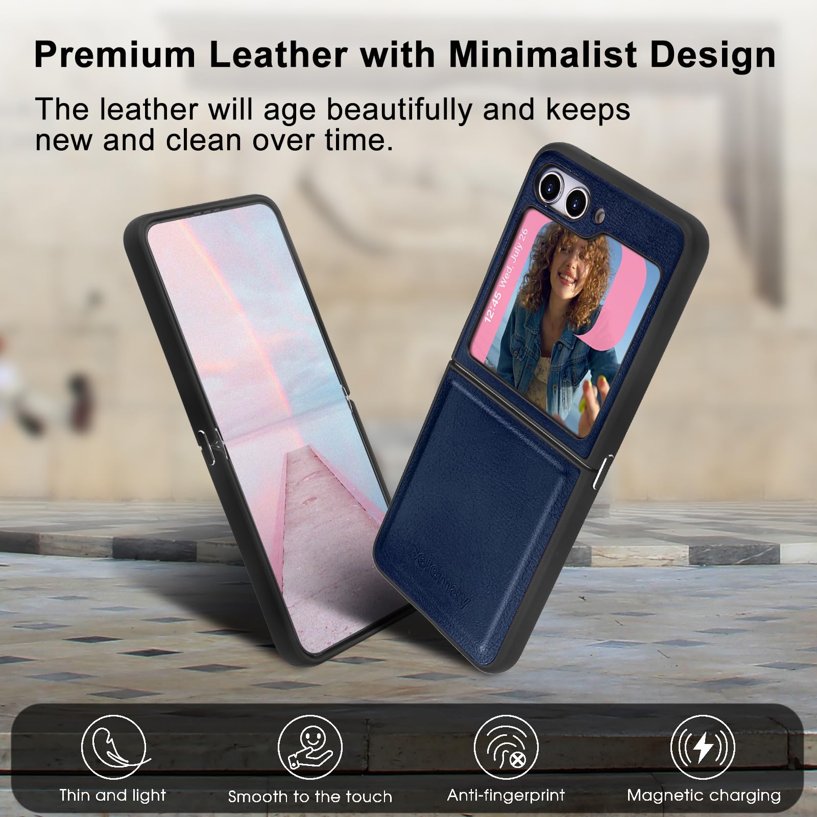 Belemay for Samsung Galaxy Z Flip 5 Case-Genuine Leather+Soft TPU Bumper-Protective Slim Fit-Shockproof Thin Samsung Z Flip5 Phone Cover Compatible with Samsung Galaxy Z Flip 5 (5G 2023)-Navy Blue