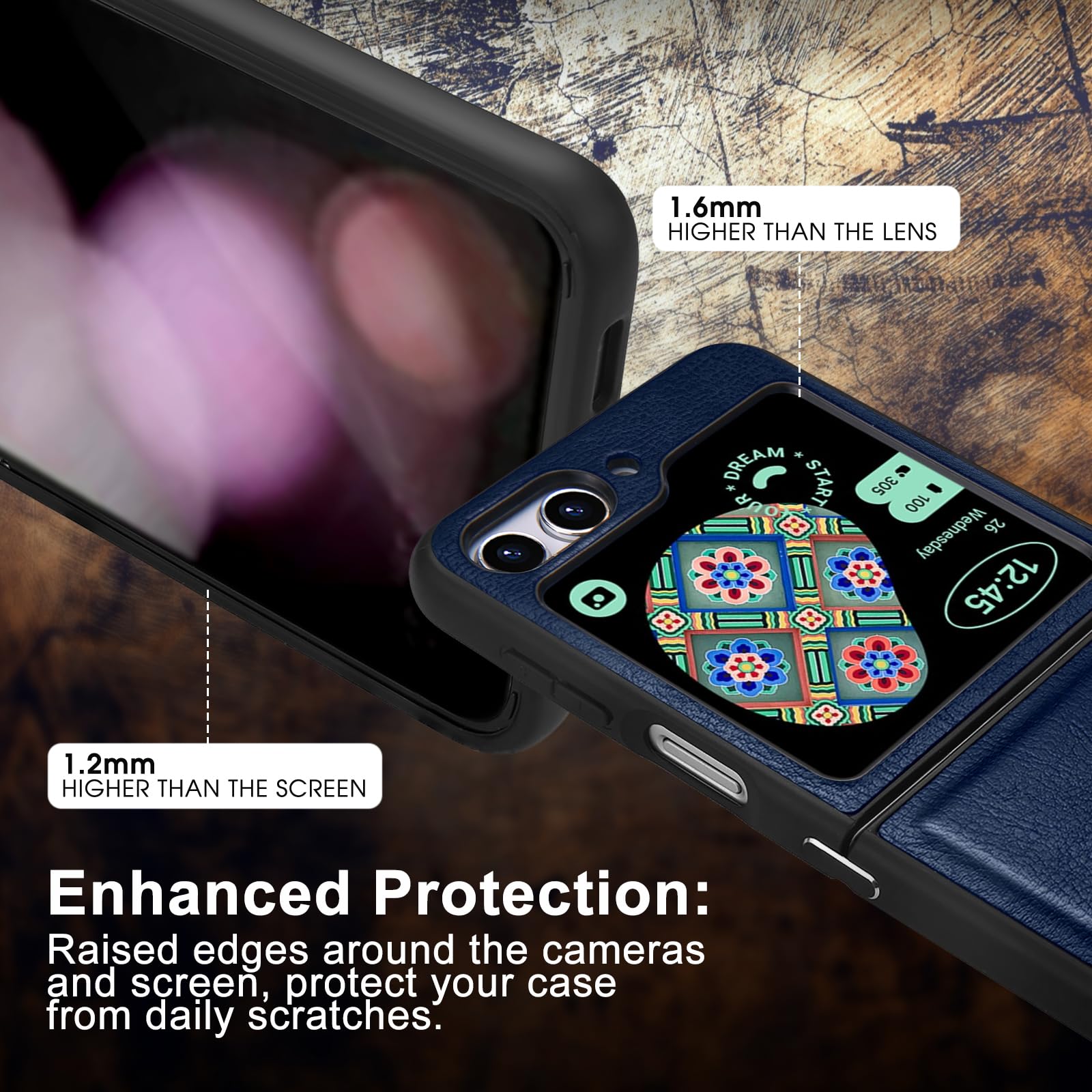 Belemay for Samsung Galaxy Z Flip 5 Case-Genuine Leather+Soft TPU Bumper-Protective Slim Fit-Shockproof Thin Samsung Z Flip5 Phone Cover Compatible with Samsung Galaxy Z Flip 5 (5G 2023)-Navy Blue