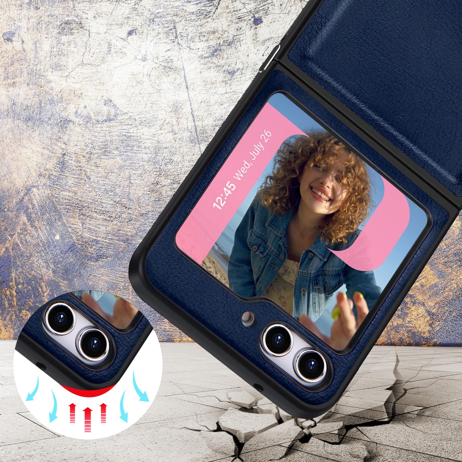Belemay for Samsung Galaxy Z Flip 5 Case-Genuine Leather+Soft TPU Bumper-Protective Slim Fit-Shockproof Thin Samsung Z Flip5 Phone Cover Compatible with Samsung Galaxy Z Flip 5 (5G 2023)-Navy Blue