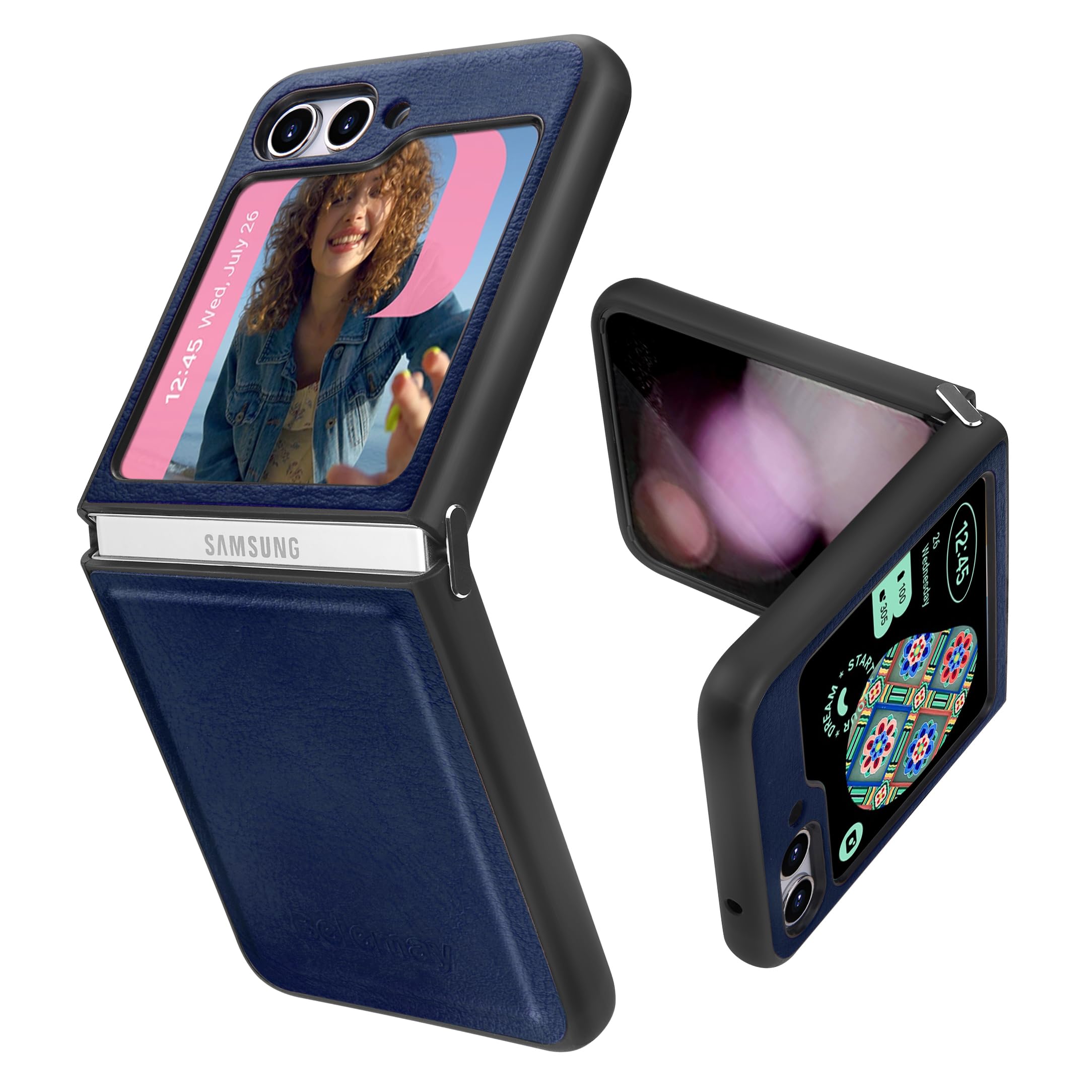 Belemay for Samsung Galaxy Z Flip 5 Case-Genuine Leather+Soft TPU Bumper-Protective Slim Fit-Shockproof Thin Samsung Z Flip5 Phone Cover Compatible with Samsung Galaxy Z Flip 5 (5G 2023)-Navy Blue