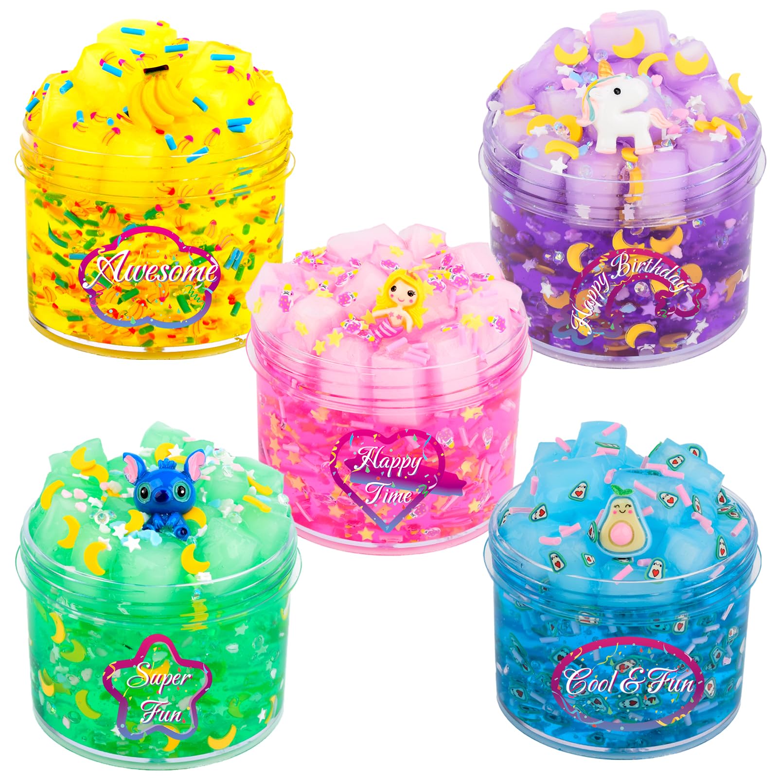 5 Pack Crystal Clear Slime Kit with Jelly Cubes Charms Add Ins for Girls Boys 10-12, Stars Moons Avocado Banana Pink Blue Crunchy Water Slime Set, Soft Sludge for Kids Birthday, Slime Party Favors