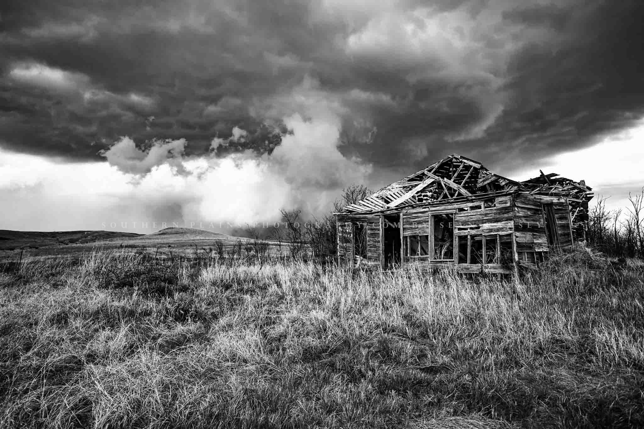 Country Photography Print (Not Framed) Black and White Picture of Storm Passing Behind Abandoned House on Spring Day in Kansas Rustic Wall Art Farmhouse Decor (11" x 14")