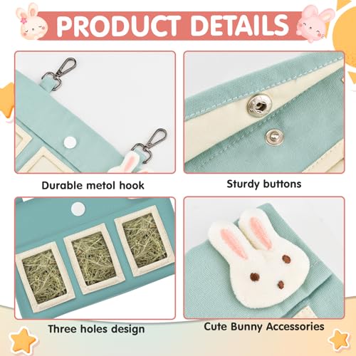 Rabbit Hay Feeder, Bunny Hay Bag for Rabbits,Rabbit Feeder Fabric Bag Feeder Storage Bag,3 Holes Cotton Canvas Fabric Hanging Hay Feeder Bag for Small Animal,Hay Guinea Pig(Macaron Green)