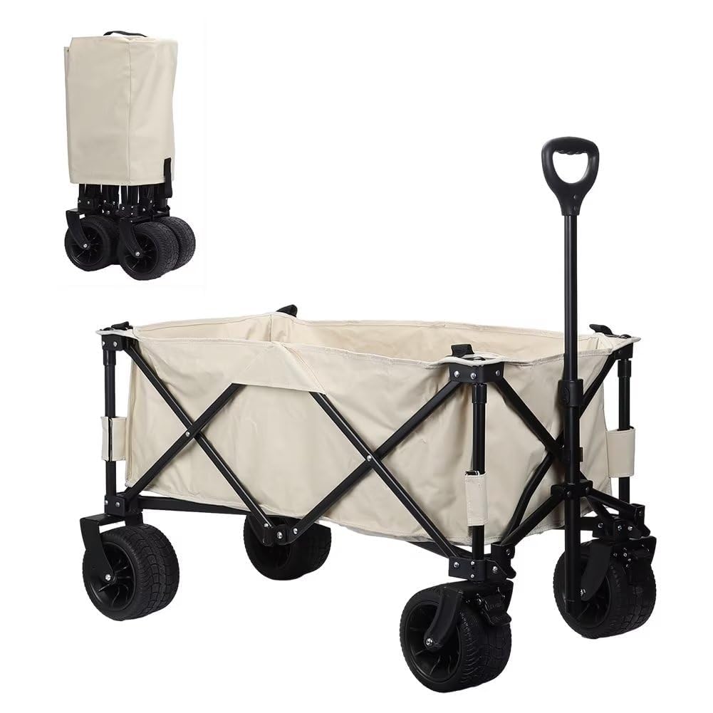 Collapsible Wagon Cart, Portable Folding Wagon,600D Oxford Cloth Heavy Duty Utility Large Capacity Outdoor Beach Wagon for Beach, Sports,Shopping,Outdoor Activities,Camping,White