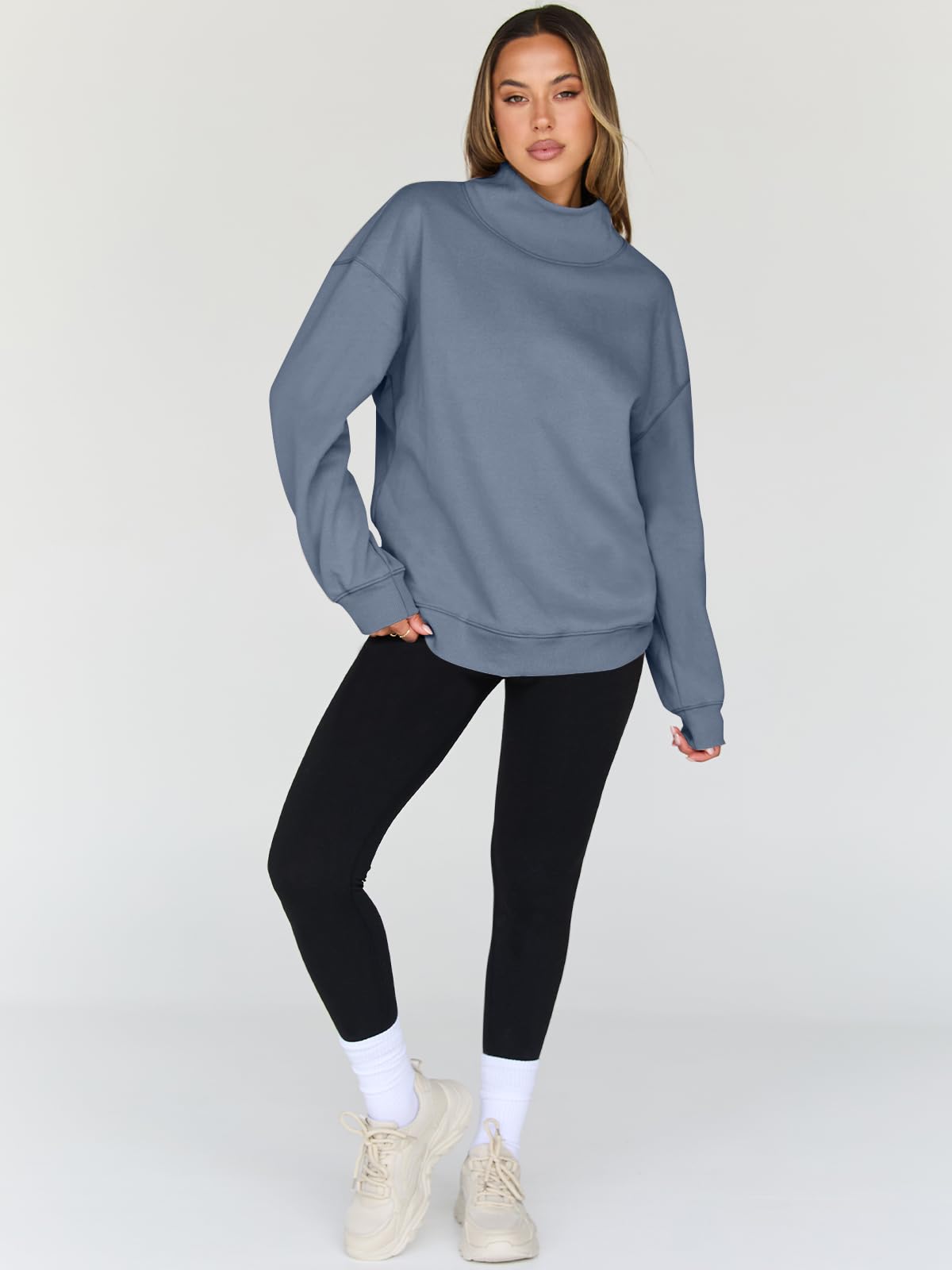 Trendy Queen Womens Oversized Sweatshirts Turtleneck Pullover Long Sleeve Hoodies Tops Fall Fashion Outfits 2025 Clothes GreyBlue M