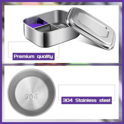 Suttmin 4 Pcs Stainless Steel Bento Box Set, Lunch Containers 3 Sections Portion Control Containers 3 Pcs Mini Stackable Condiment Containers for Lunch Box (Purple,6.5 x 4.92 x 2.44 Inch)