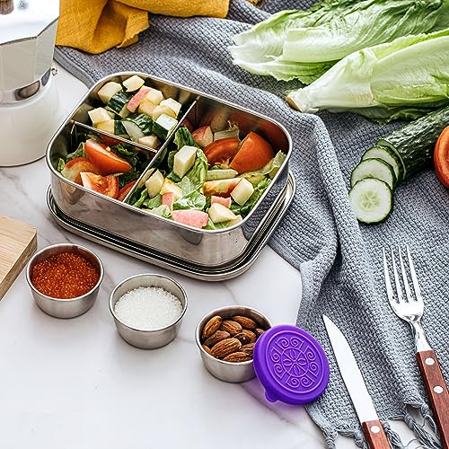 Suttmin 4 Pcs Stainless Steel Bento Box Set, Lunch Containers 3 Sections Portion Control Containers 3 Pcs Mini Stackable Condiment Containers for Lunch Box (Purple,6.5 x 4.92 x 2.44 Inch)