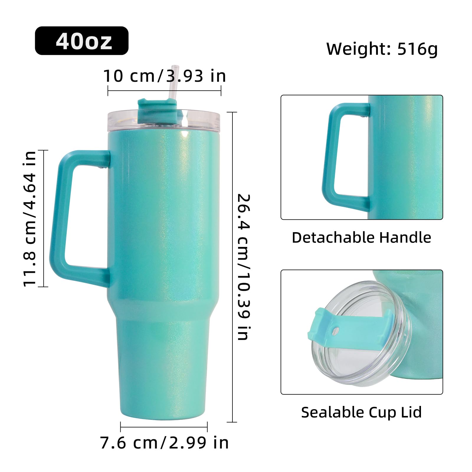AGH 20 Pack 40 oz Sublimation Shimmer Green Pink Red Purple Tumbler with Stainless Steel Straw and Lid, Insulated Double Wall Vacuum Reusable Cups with Handle
