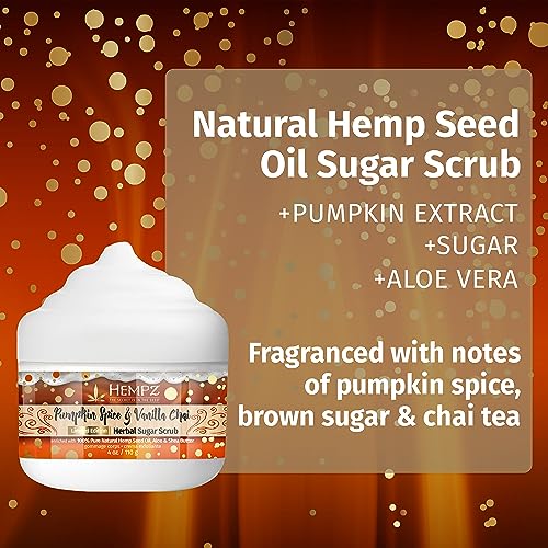 Hempz Pumpkin Spice & Vanilla Chai Exfoliating Body Scrub (4 Oz) β Yummy Fall Scented Sugar Body Scrub for Shower & Bath, Cozy Fall Pumpkin & Vanilla Chai Scented Sugar Scrub Exfoliant for Women & Men