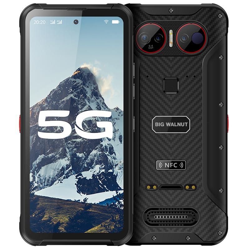 Big Walnut Rugged Smartphone, B1 Unlocked 5G Cell Phone with PTT Button, Android 12, IP68 Waterproof, 4GB+64GB, 8000mAh Battery, 64MP Main Cam,24MP Night Vision,120dB Loudspeaker, Dual SIM, NFC