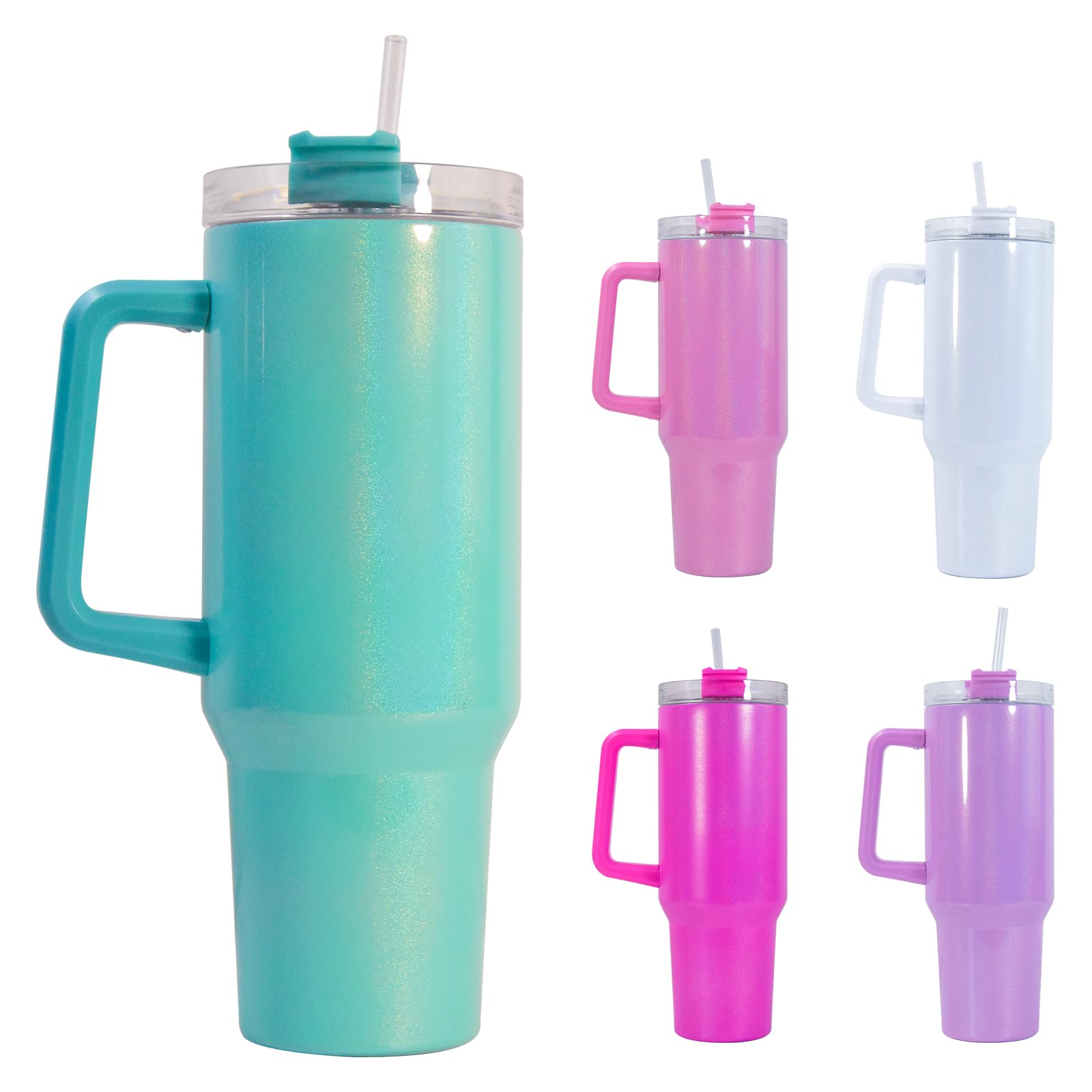 AGH 20 Pack 40 oz Sublimation Shimmer Green Pink Red Purple Tumbler with Stainless Steel Straw and Lid, Insulated Double Wall Vacuum Reusable Cups with Handle