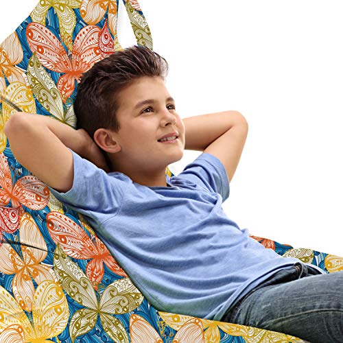 Ambesonne Fall Leaves Lounger Chair Bag, Floral Hand Drawn Background with Butterflies and Blue Swirls Vintage Curves, High Capacity Storage with Handle Container, Lounger Size, Multicolor