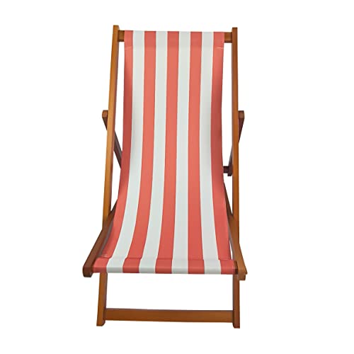 MONSTRUNO Beach Chair Wood Sling Red Stripe Patio Chair, Recliner Camping Chairs, Folding Lounge Chair, Adjustable Backrest, 220 Lbs Weight Capacity