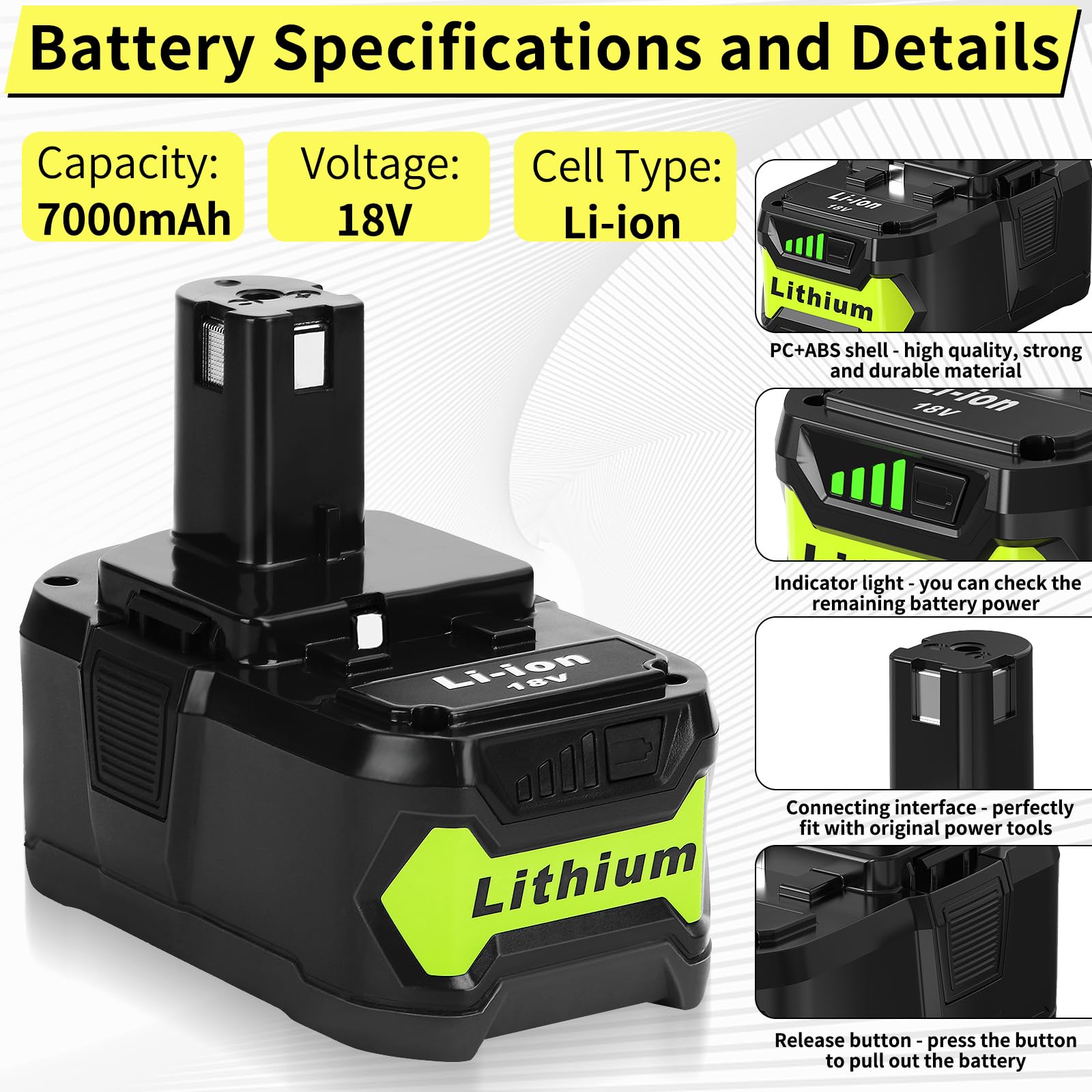 BiBiSi 2 Pack 7.0Ah 18V Replacement Battery for Ryobi 18V Battery, Lithium-Ion Battery Compatible with Ryobi ONE+ 18V P108 P102 P103 P104 P105 P107 P109 P190 P122