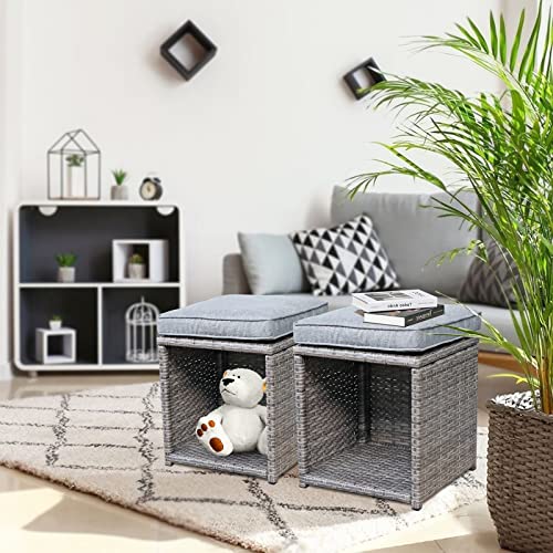 Verano Garden Patio Storage Ottomans, All Weather Wicker Ottoman Set with Removable Cushions, Outdoor Footstool footrest seat for Backyard, Garden, Poolside, Set of 2 (Grey)
