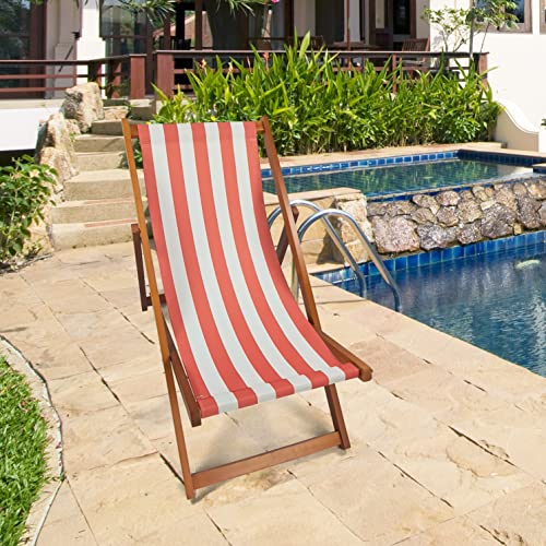 MONSTRUNO Beach Chair Wood Sling Red Stripe Patio Chair, Recliner Camping Chairs, Folding Lounge Chair, Adjustable Backrest, 220 Lbs Weight Capacity
