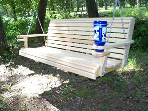 Ecommersify Inc 5 Ft USA Made Cypress Roll Back Porch Swing with Swing-Mate™ Comfort Springs and Cup Holder Arm and Stainless Steel Hardware Upgrade