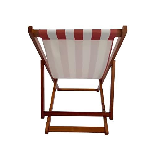 MONSTRUNO Beach Chair Wood Sling Red Stripe Patio Chair, Recliner Camping Chairs, Folding Lounge Chair, Adjustable Backrest, 220 Lbs Weight Capacity