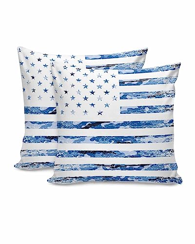 Set of 2 Throw Pillow Covers Square for Home Decor, Independence Day Camo American Flag Patriotic 18x18 Inch Cotton Reversible Pillow Case Sofa Soft Cushion Cases for Bedroom Couch Bed Car Chair