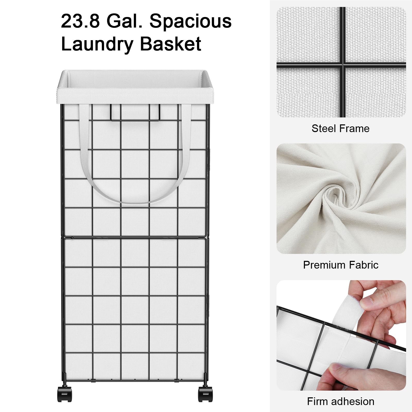 SHIISEWE Laundry Basket with Wheels, Large Metal Laundry Hamper with Lid and Removable Laundry Bag, Collapsible Tall Laundry Hamper, 90L Laundry Basket Organizer for Bedroom, Bathroom