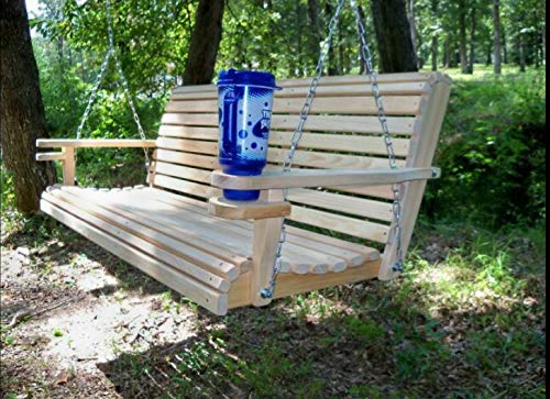 Ecommersify Inc 5 Ft USA Made Cypress Roll Back Porch Swing with Swing-Mate™ Comfort Springs and Cup Holder Arm and Stainless Steel Hardware Upgrade