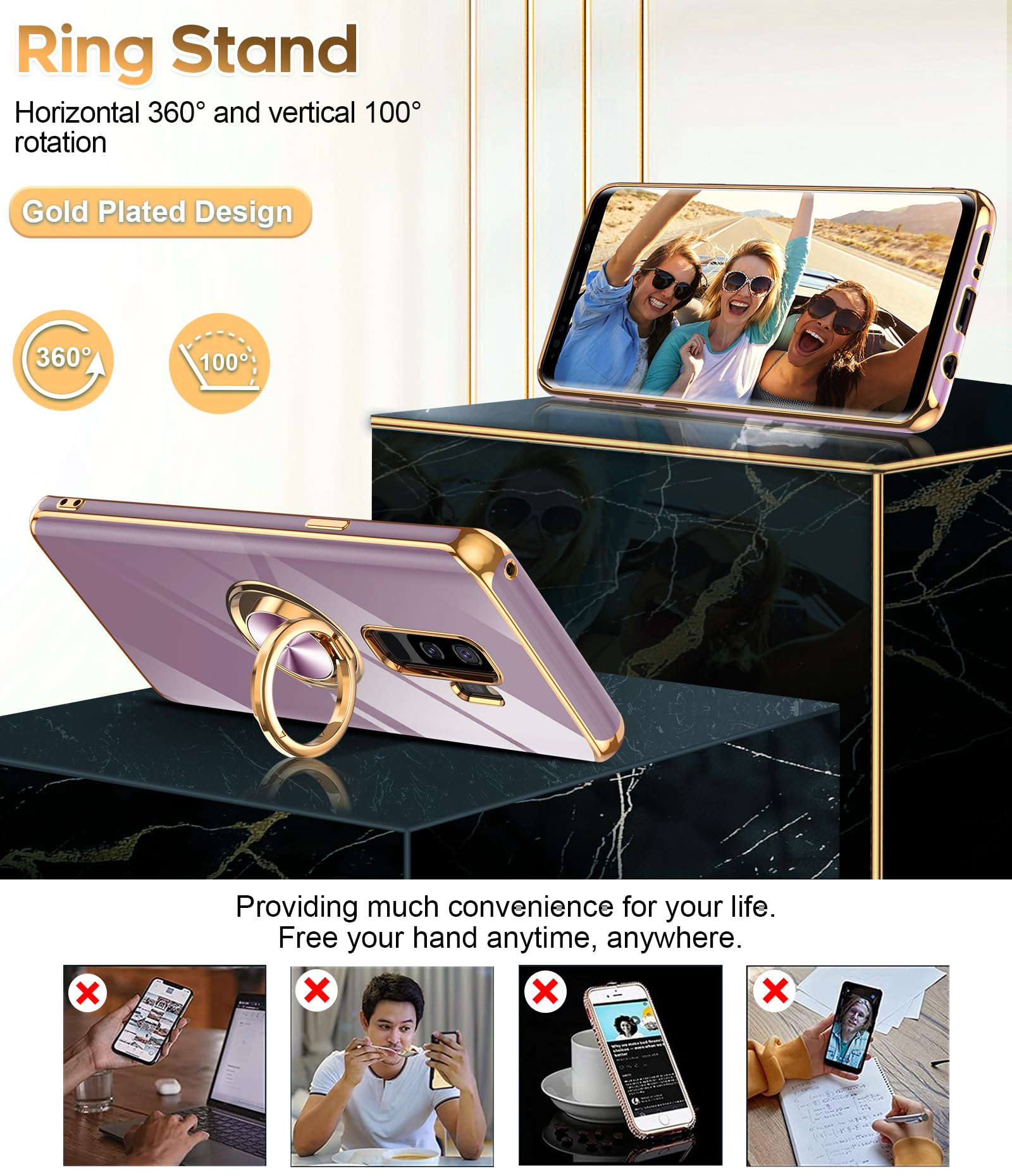 LeYi for Galaxy S9 Plus Phone Case: 360° Rotatable Ring Holder Magnetic Kickstand [ Not Applicable Samsung S9 ], Plating Rose Gold Edge Protective Case, Purple